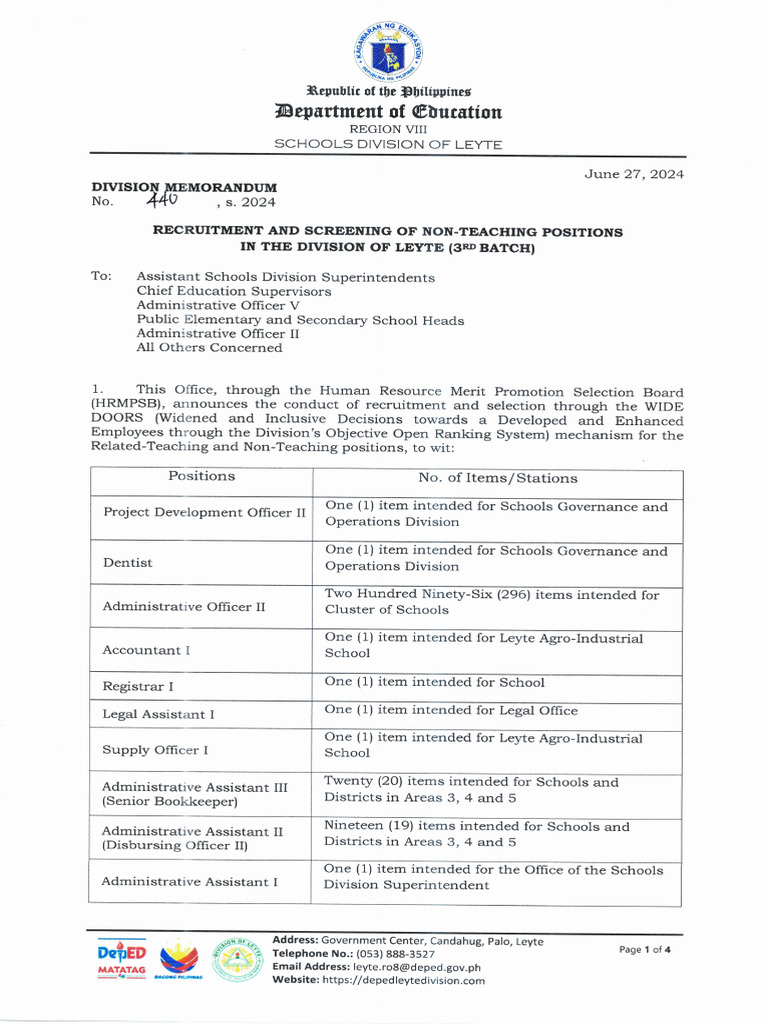 DM No. 440, s.2024 Recruitment and Screening of Non-Teaching Positions ...