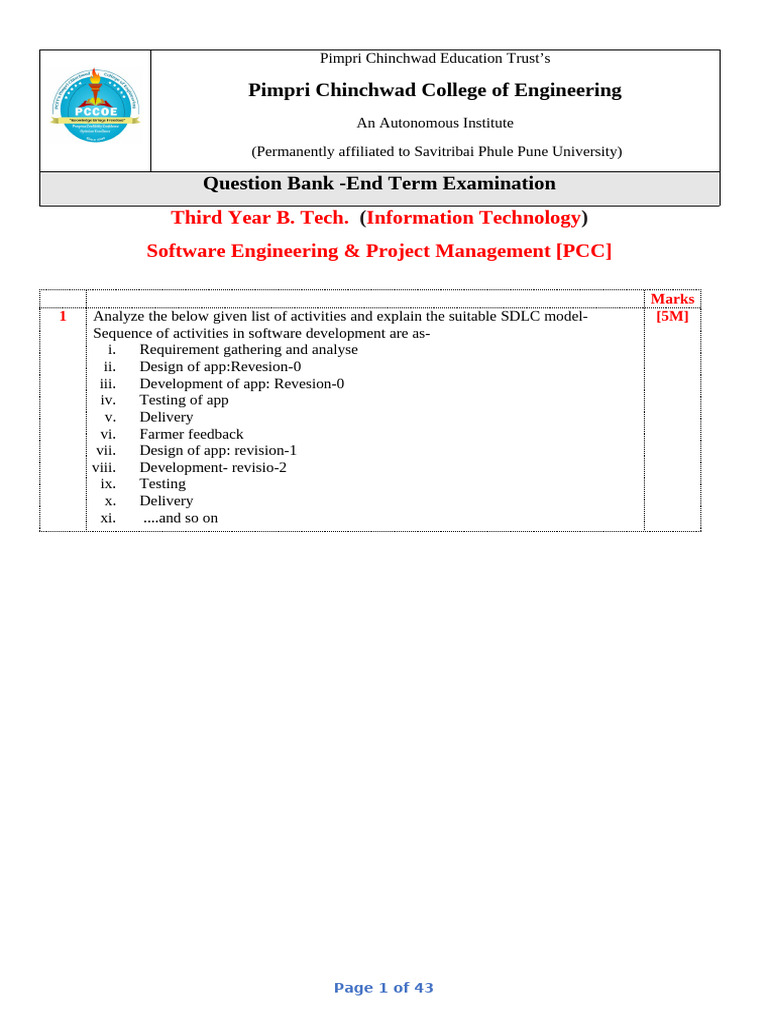 ETE Question Bank - SEPM 2023-24 | PDF