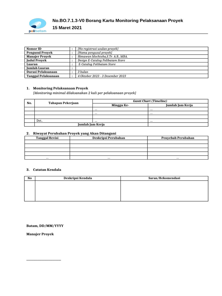 No - BO.7.1.3-V0 Borang Kartu Monitoring Pelaksanaan Proyek | PDF