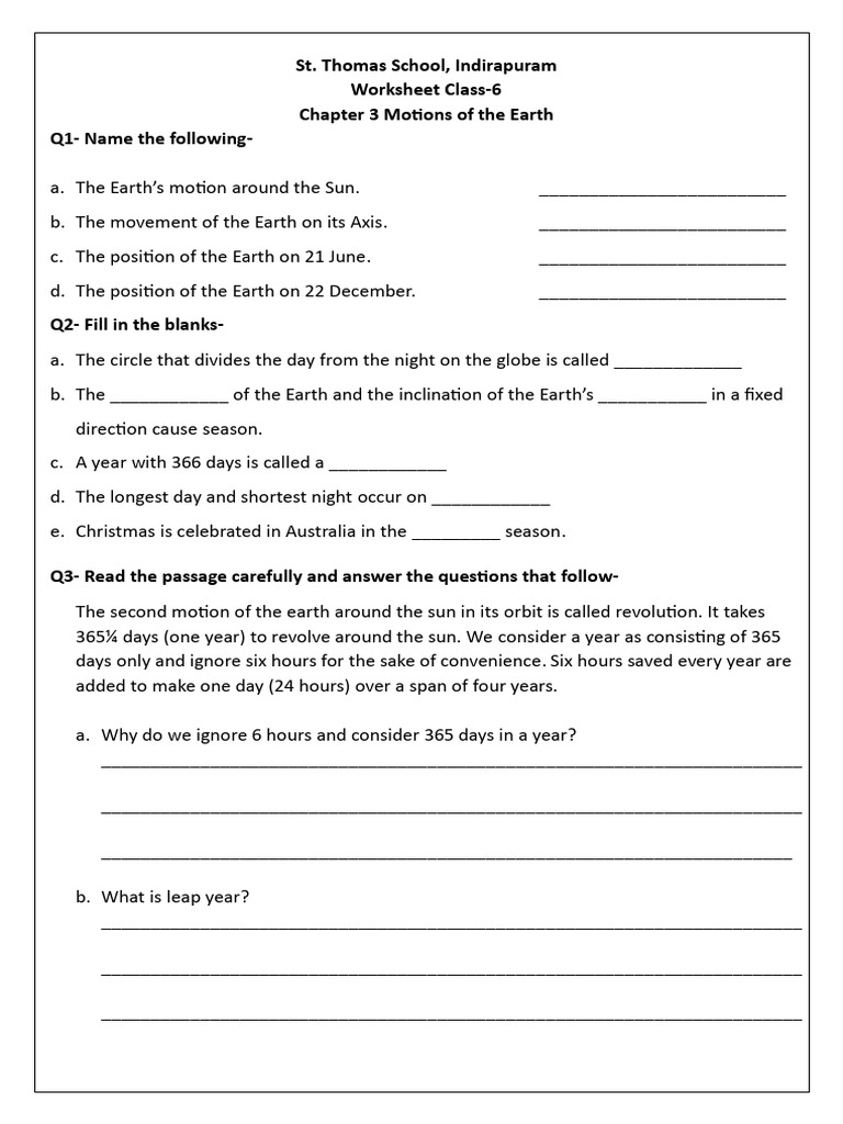 Class 6 Earth Motions Worksheet | PDF | Earth | Science & Mathematics