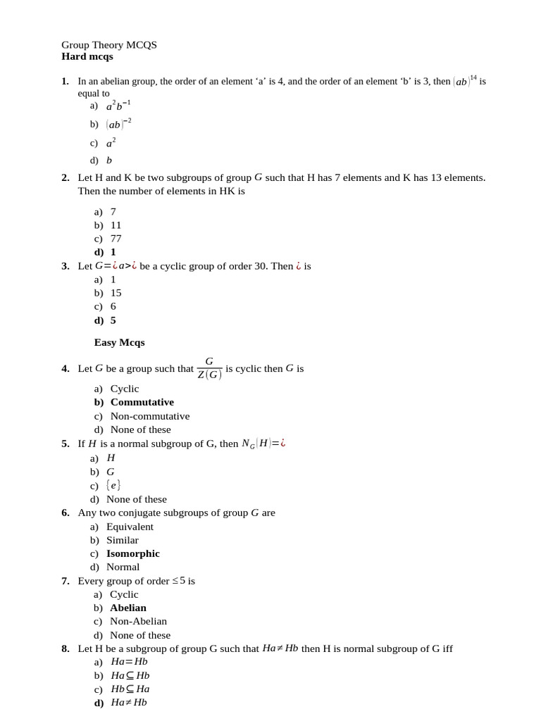 Group Theory MCQ | PDF