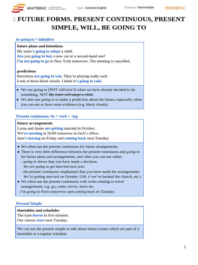 Future Forms. Present Continuous. Present Simple. Will. Be Going To | PDF