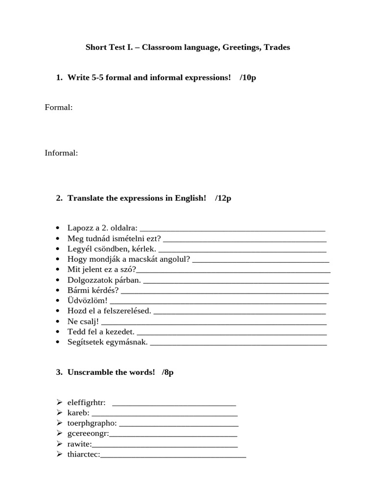 Short Test-Introduction, Greetings | PDF