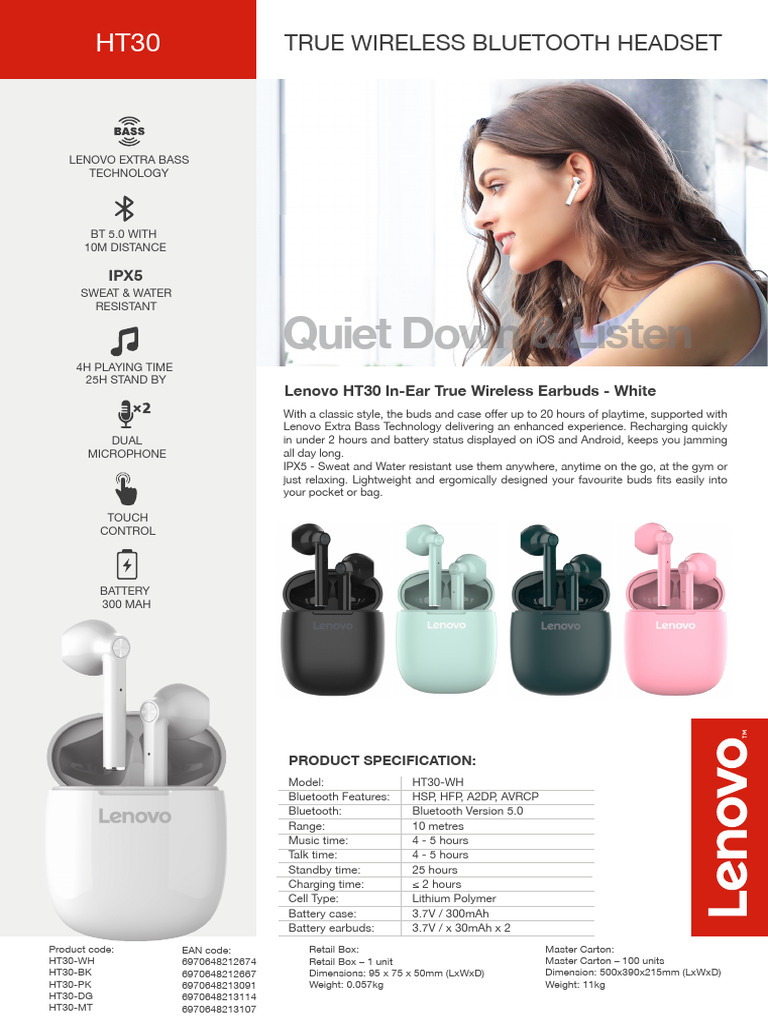 Lenovo HT30 True Wireless Earbuds Data Sheet | PDF