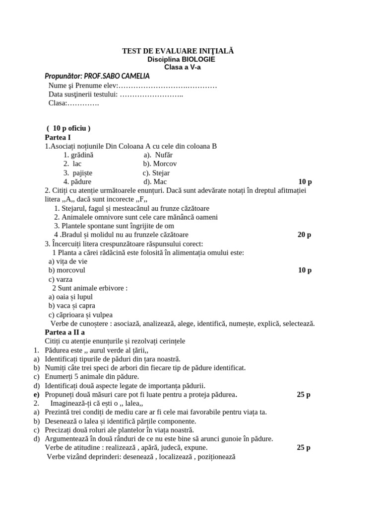 1 Test de Evaluare Initiala Clasa A V A | PDF
