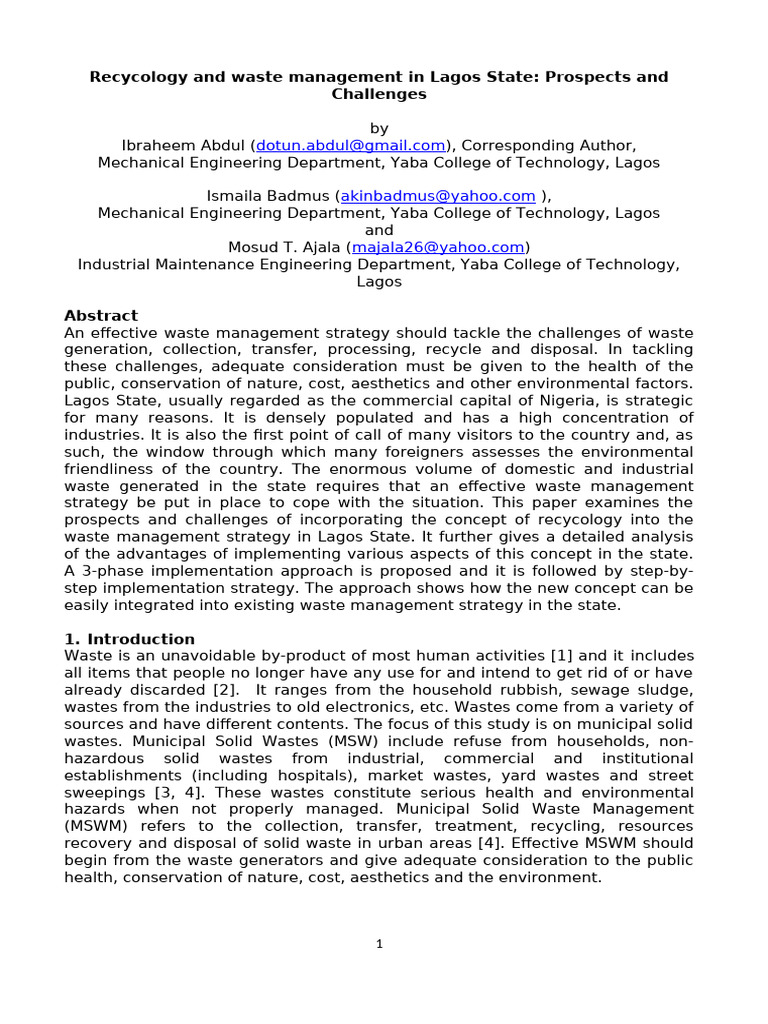 Recycology and Waste Management in Lagos State | PDF | Waste Management ...