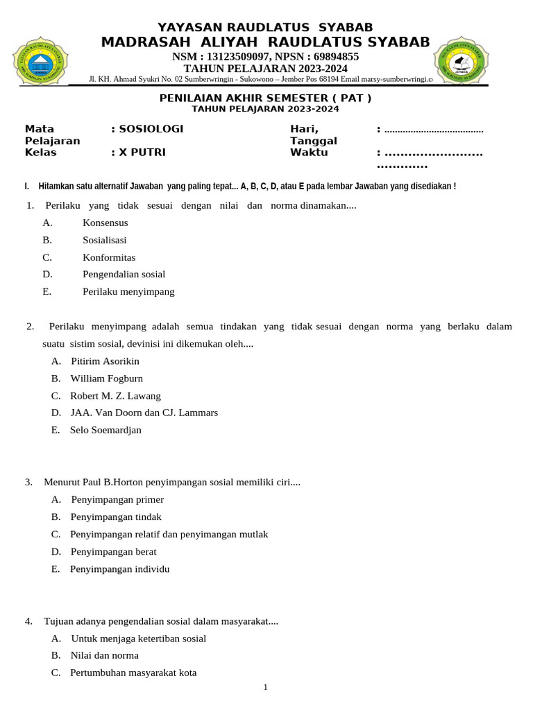 Soal Pat Sosiologi Kelas X | PDF