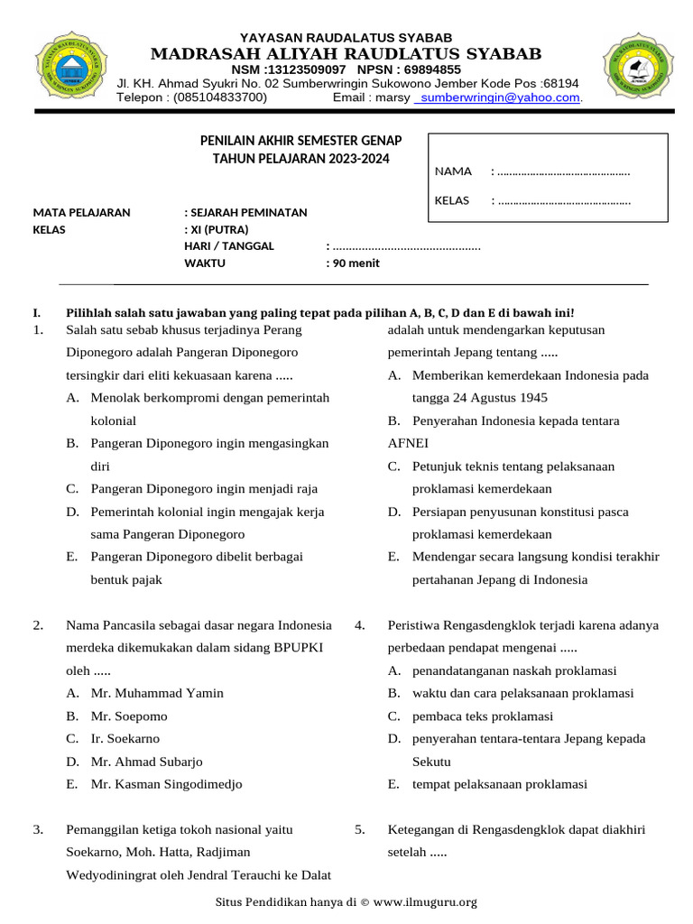 Soal Pat Sejarah Peminatan Kelas Xi | PDF
