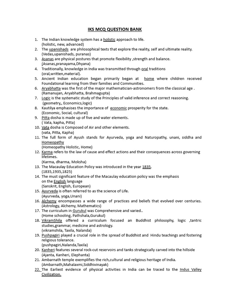 IKS Multiple Choice Questions | PDF | Ayurveda | Asana