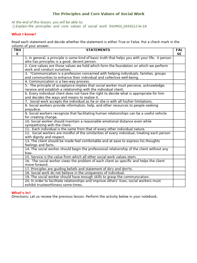 Core Values and Principles of Social Work | PDF