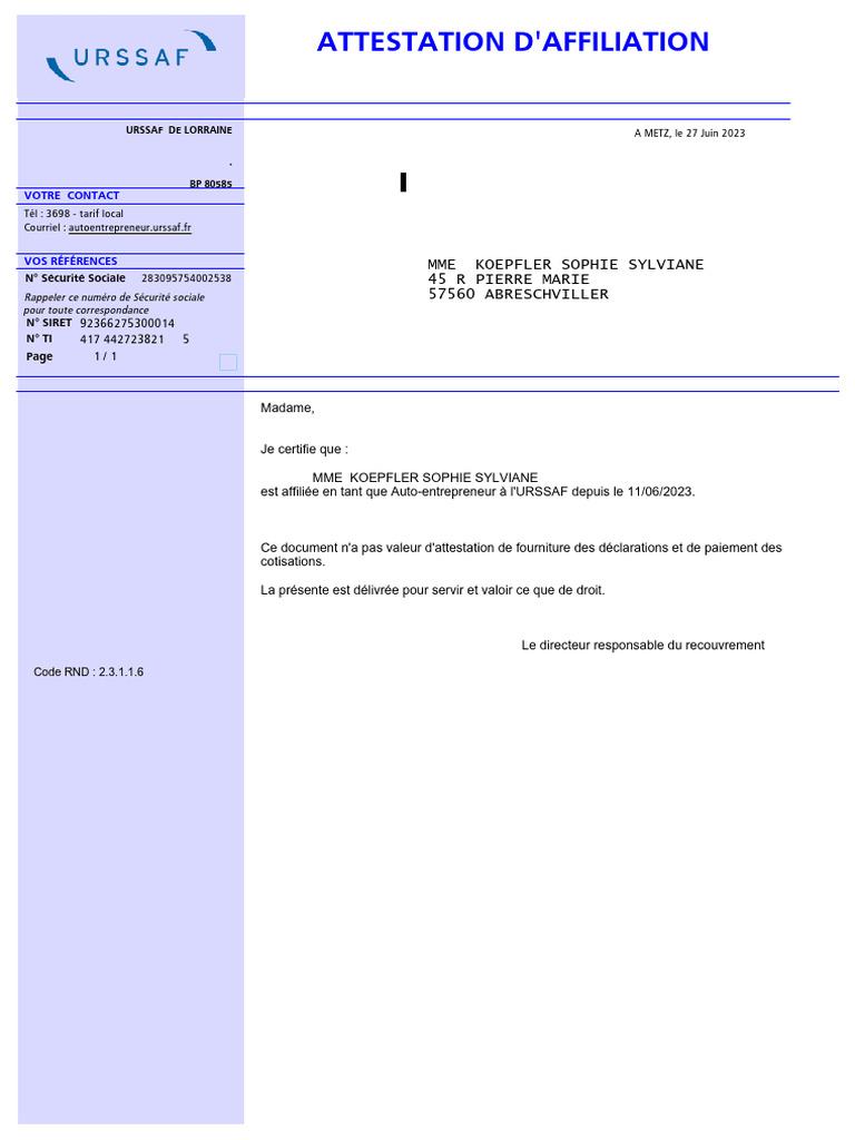 Urssaf Attestation Affiliation 20240622 22h28 | PDF