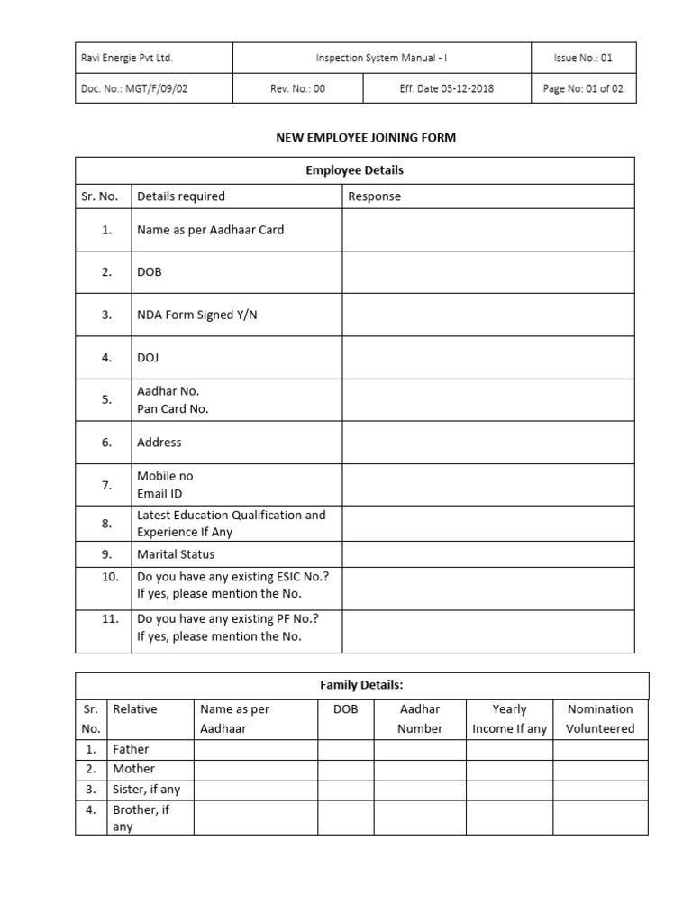 MGT - F - 09 - 02 - New Employee Joining Form | PDF