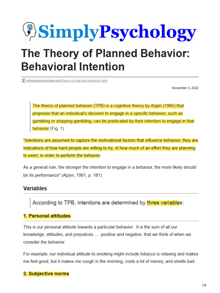 The Theory of Planned Behavior Behavioral Intention | PDF | Intention | Attitude (Psychology)
