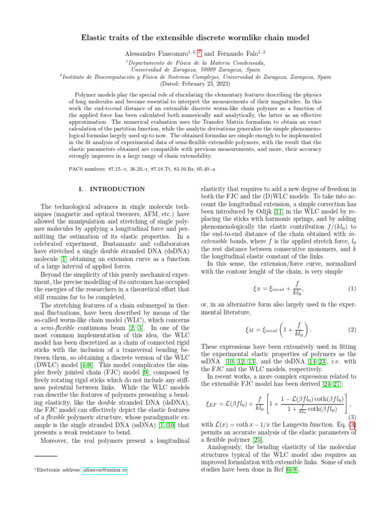 Elastic Traits of The Extensible Discrete Wormlike Chain Model | PDF