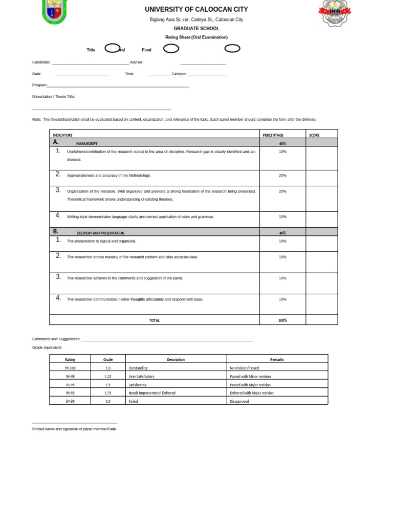 New INDIVIDUAL ORAL EXAMINATION RATING SHEET | PDF