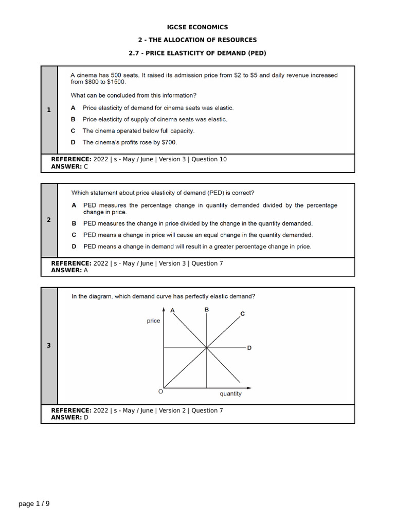 IGCSE Economics - 2.7 - Price Elasticity of Demand (PED) MS | PDF