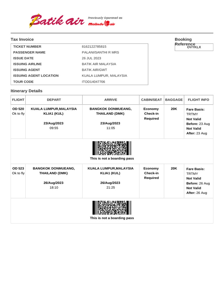 Electronic Ticket Receipt, August 23 For MRS SANTHI R PALANI | PDF