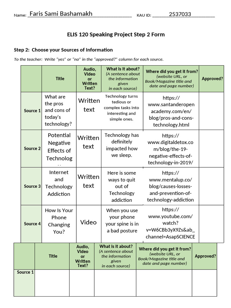 ELIS 120 Speaking Project Step 2 Form 2024-2025 Danger | PDF