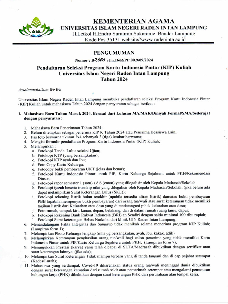 Pengumuman KIP Kuliah UIN Raden Intan Lampung - 101506 | PDF