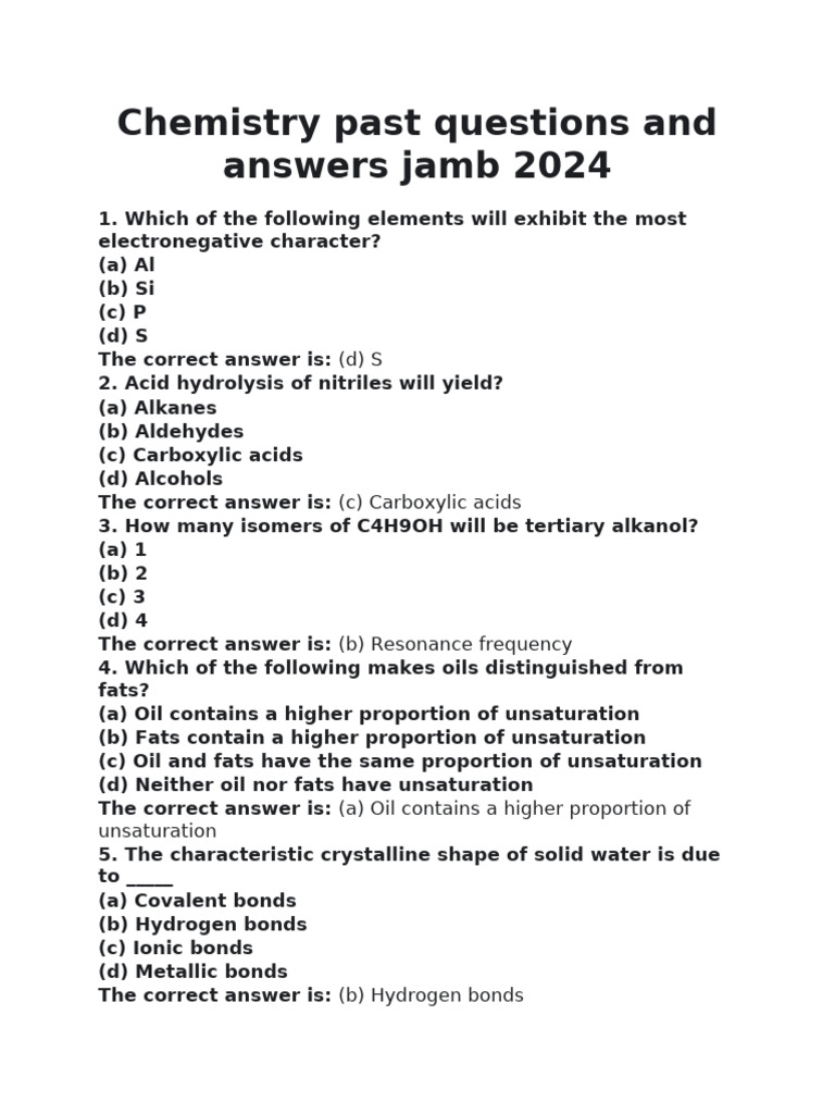 Chemistry Past Questions and Answers Jamb 2024 | PDF | Sodium Chloride ...