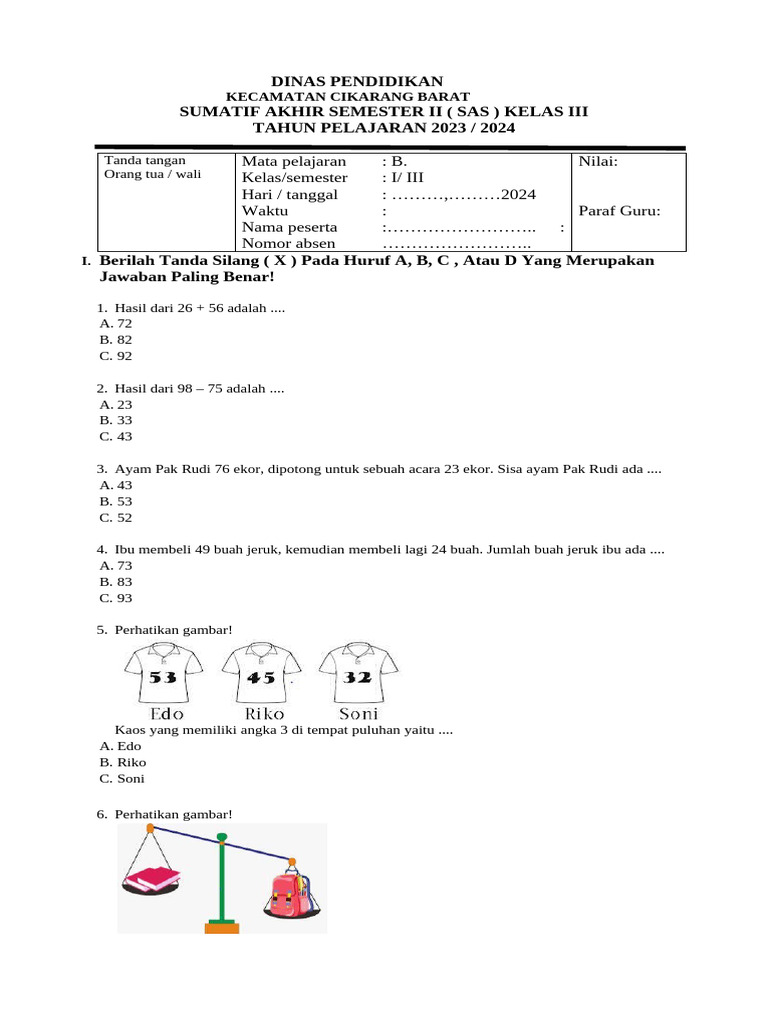 Soal Pas MTK Kelas 1 Semester 2 | PDF