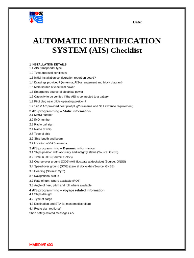 Automatic Identification System (Ais:) Checklist | PDF
