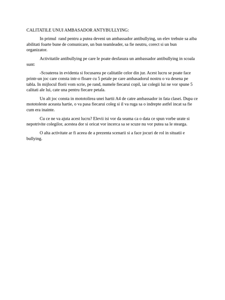 Calitatile Unui Ambasador Antybullying | PDF
