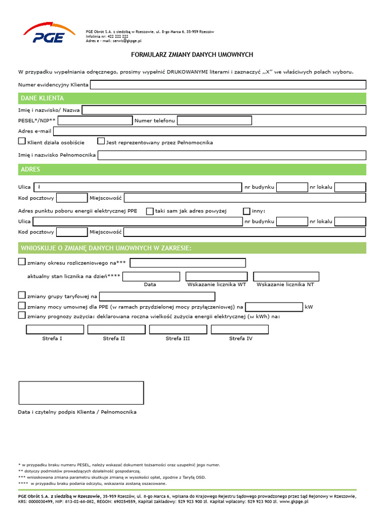 Formularz Zmiany Danych Umownych | PDF