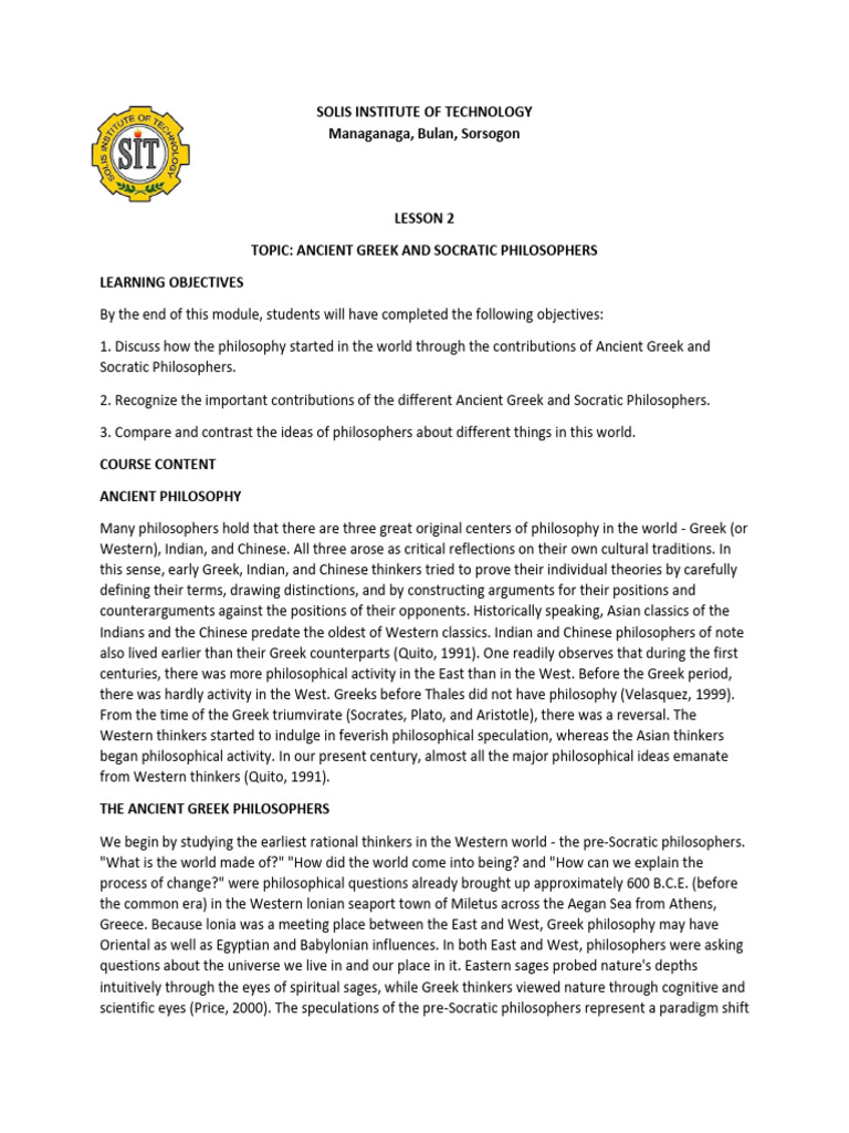 Lesson 2 Ancient Greek and Socratic Philosophers | PDF