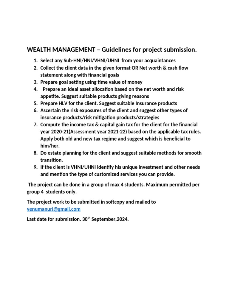 2024-WEALTH MANAGEMENT - Project Submission Guidelines - IIRM - Hyderabad | PDF