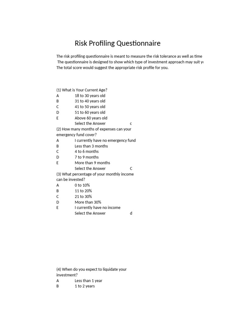 Risk Questionnaire of Client | PDF