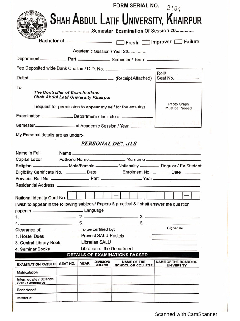 BS Semester Exam Form | PDF
