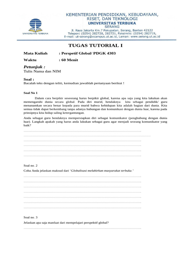 Soal Dan Lembar Jawaban Tugas 1 Perspektif Global | PDF