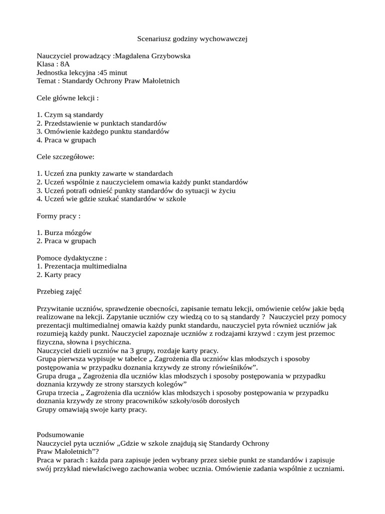 Scenariusz Lekcji Standardy | PDF