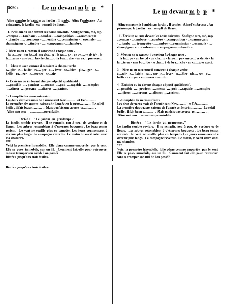 Dictée Le Jardin Au Printemps MPB Avec Fiche | PDF