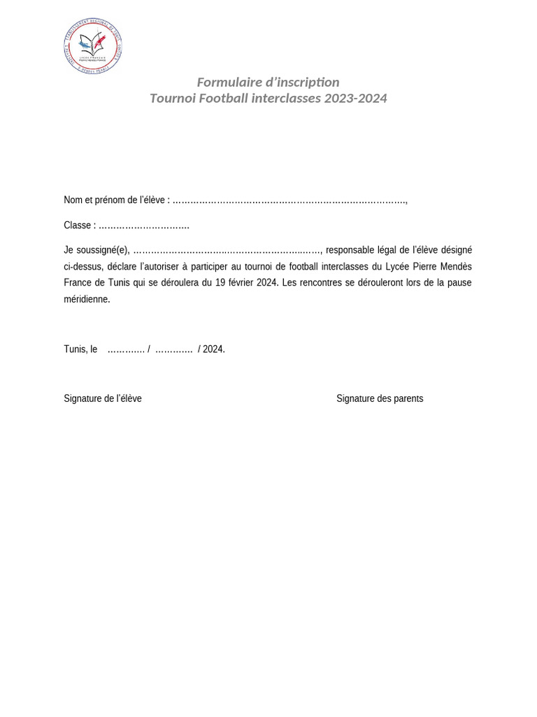 Formulaire d' Inscription Tournoi Football 2023 | PDF