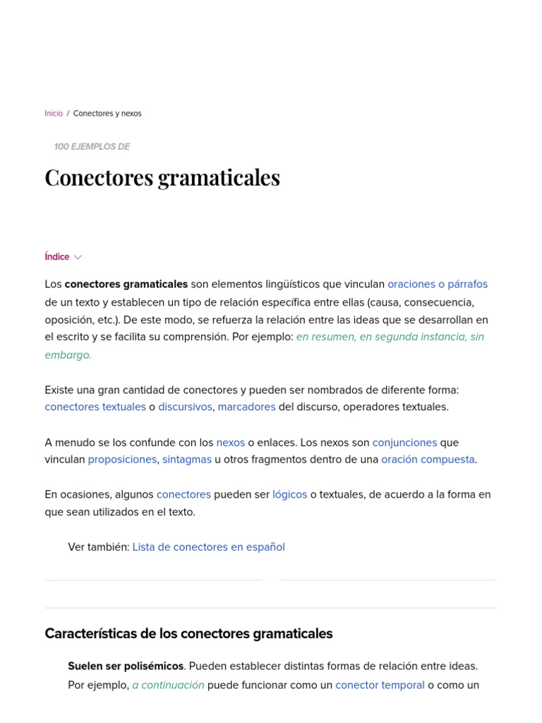 100 Ejemplos de Conectores Gramaticales | PDF | Oración (Lingüística)