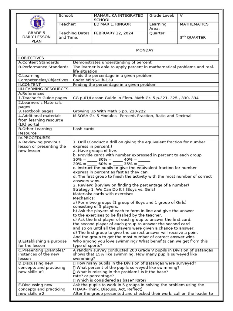 DLL - Mathematics 5 - Q3 - W2-February 12, 2024 | PDF