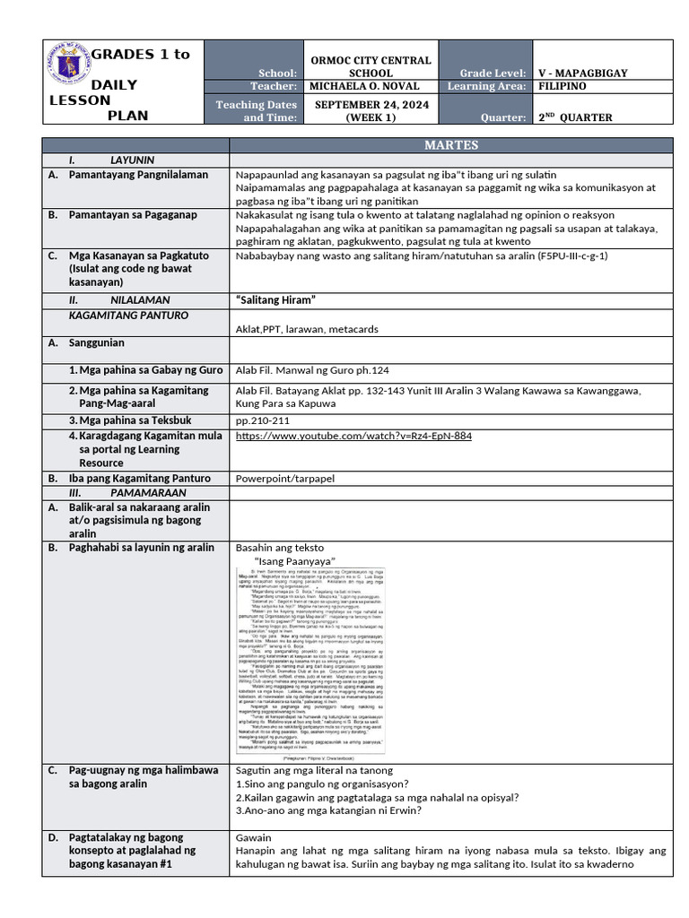 DLP - Filipino 5 - Q2 - W1-D2 | PDF