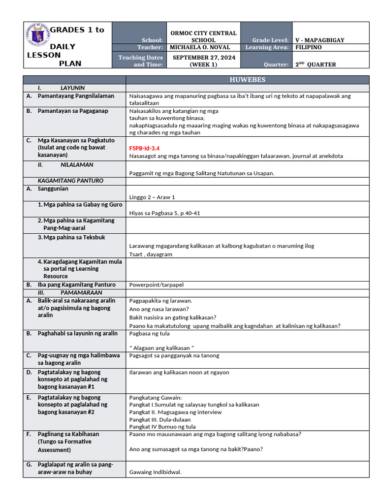 DLP - Filipino 5 - Q2 - W1-D4 | PDF