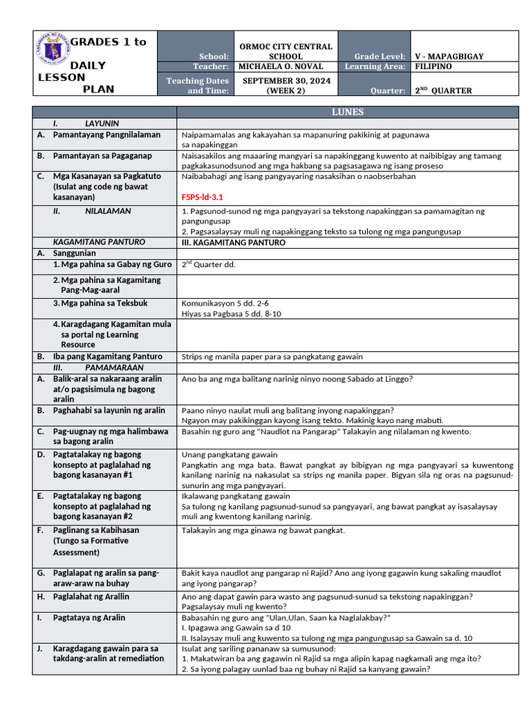 DLP - Filipino 5 - Q2 - W2-D1 | PDF