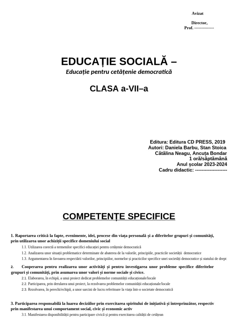 Planificare Educatie Sociala VII 20232024 | PDF