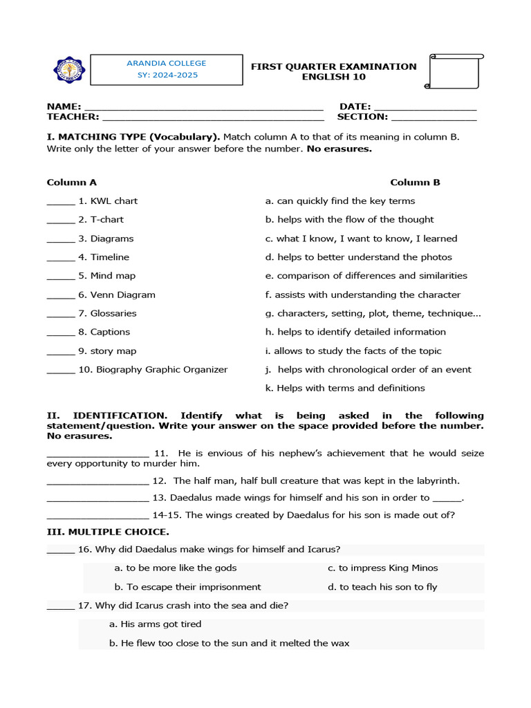 Final GRADE 10 FIRST QUARTER EXAMINATION | PDF