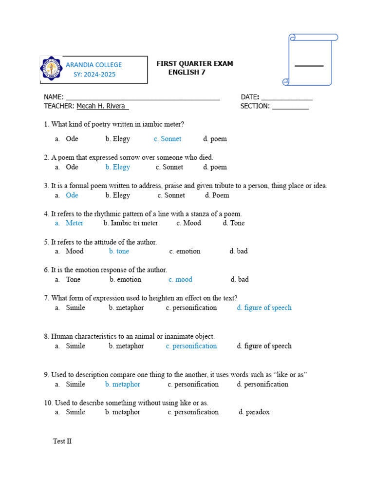 First Quarter Exam English | PDF