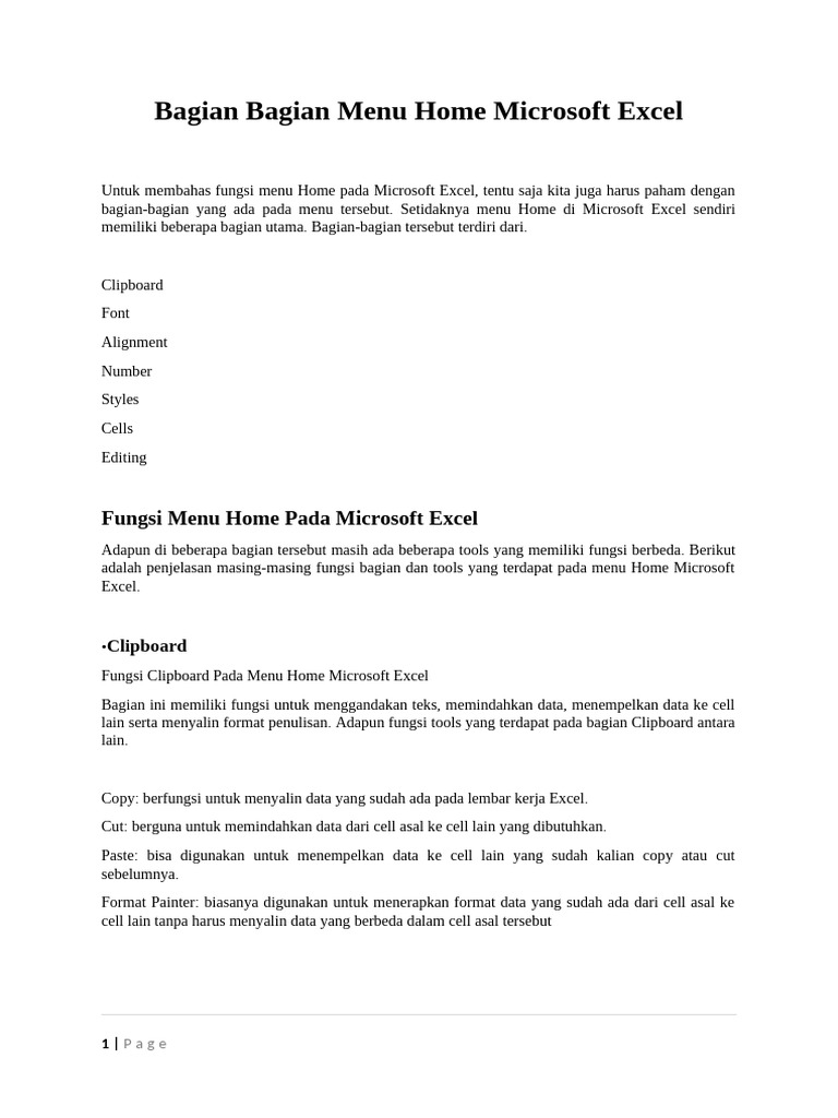 Bagian Bagian Menu Home Microsoft Excel | PDF