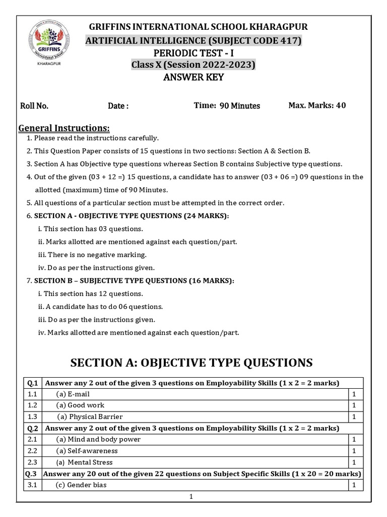 Section A: Objective Type Questions: Periodic Test - I Answer Key | PDF