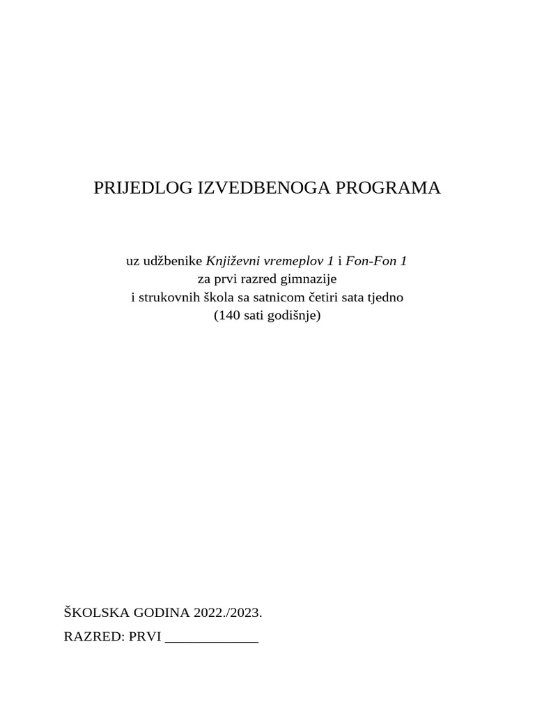 Raz. 2022-2023. Izvedbeni Program Za 1. Raz. Gim I Str. Skole 140 Sati 0 | PDF