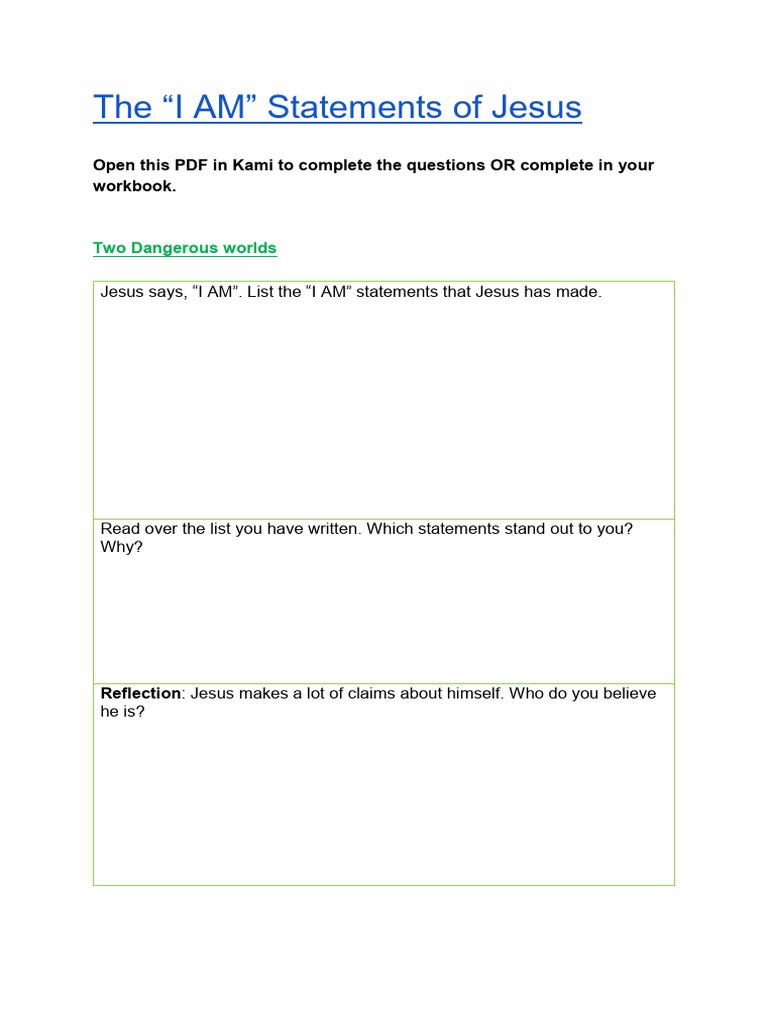 I AM Statements of Jesus Reflection Questions | PDF | Jesus | Self ...