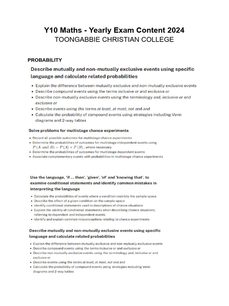 Y10 Maths - Yearly Exam Content 2024 | PDF