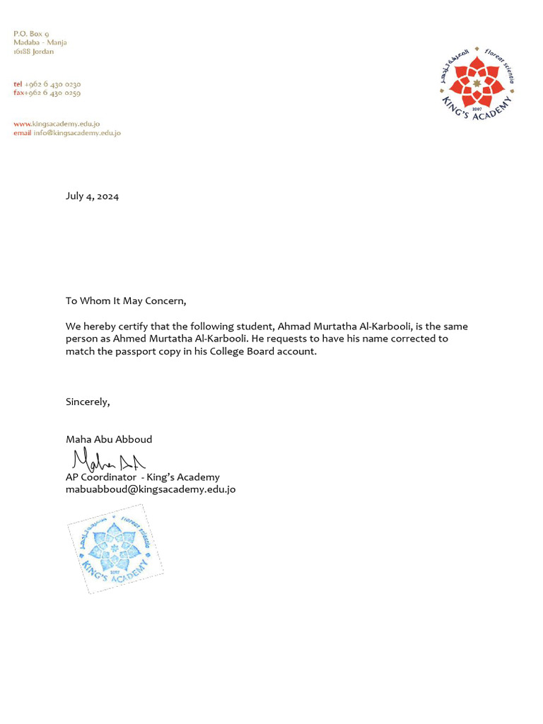 Ahmed Murtatha Al-Karbooli - Name Letter | PDF